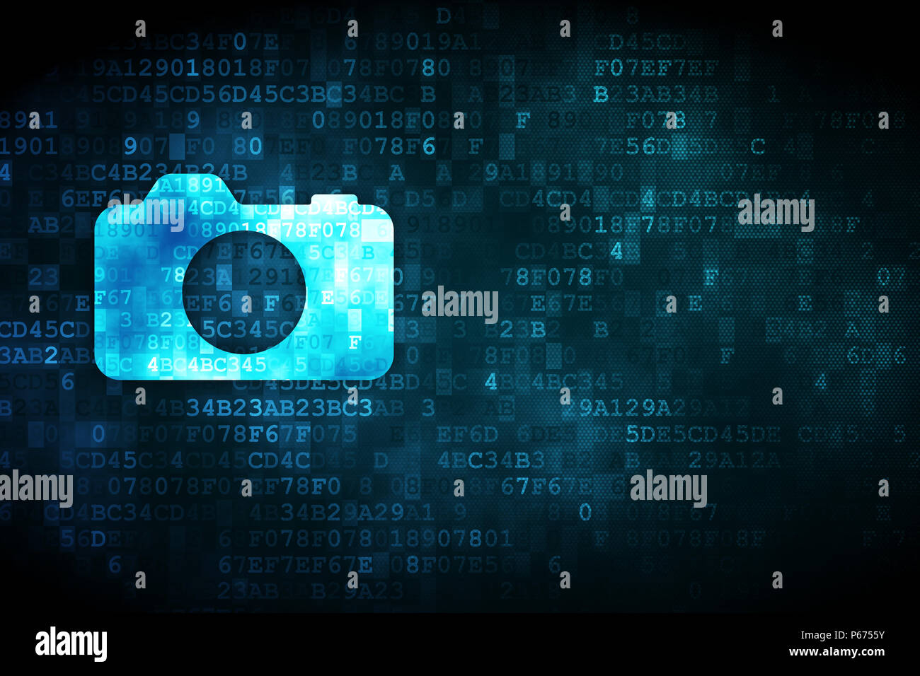 Travel concept: pixelated Photo Camera icon on digital background ...