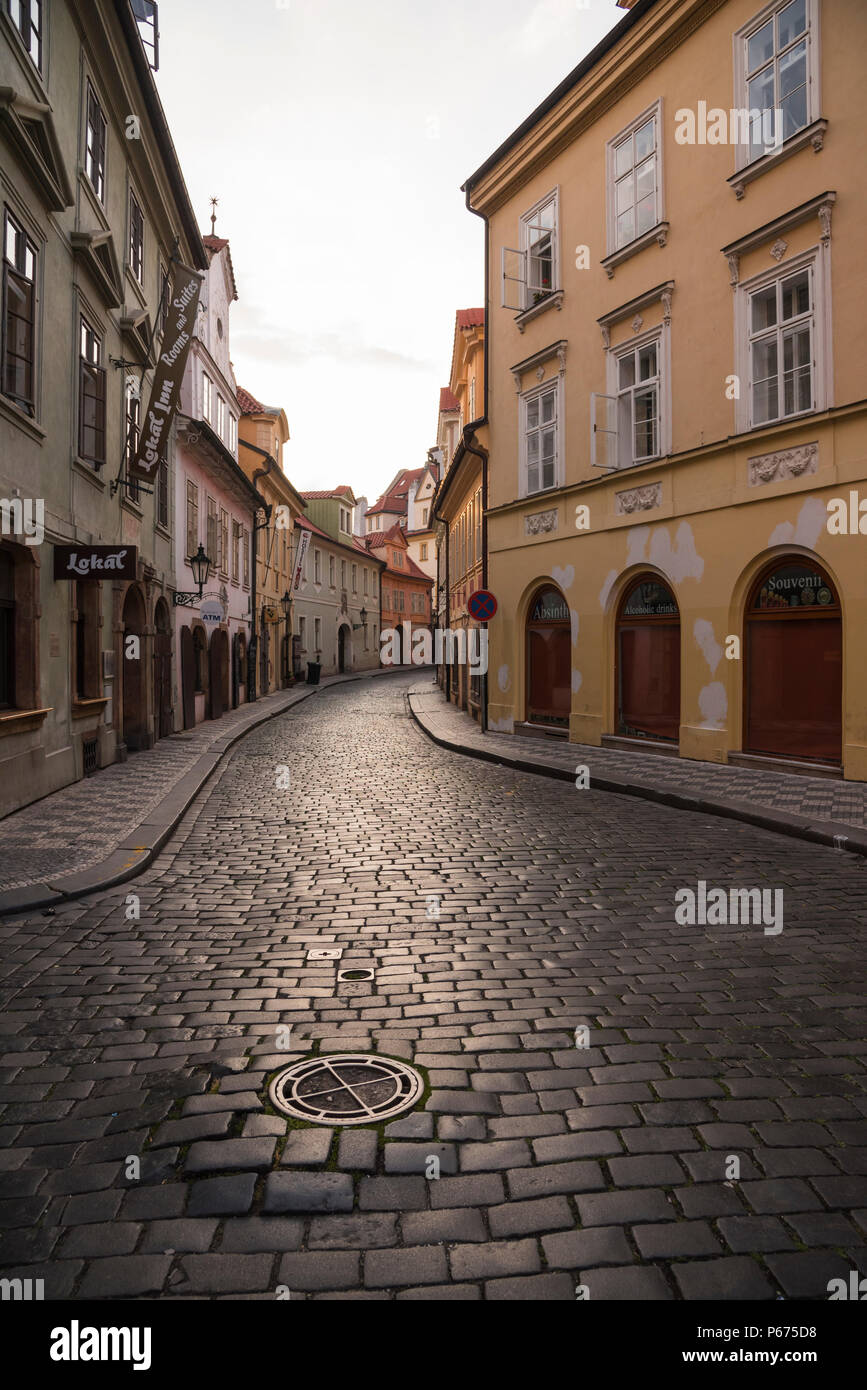 Cobblestone streets and shops in Mala Strana, Prague, Czech Republic ...