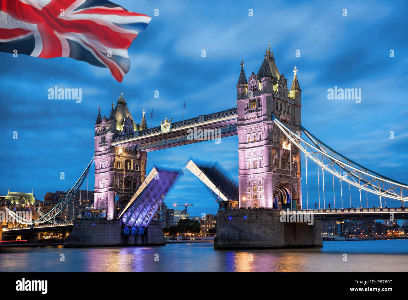 Famous Tower Bridge with open gate in the evening, London, England, UK ...