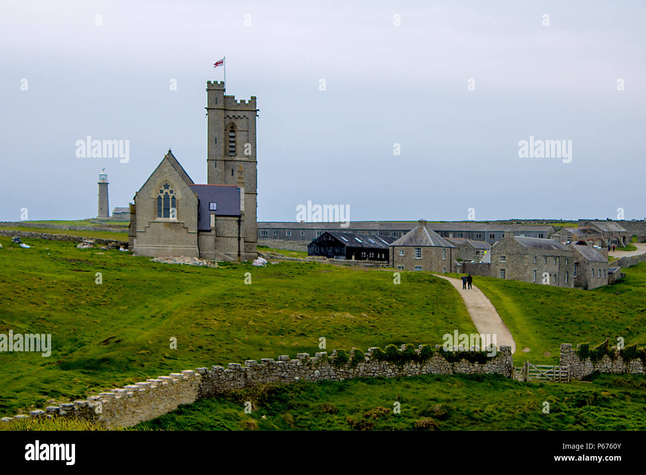 The village on Lundy Island with St Helena's Church in the foreground ...