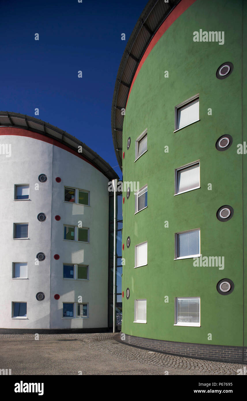 External view of the colorful exterior of student accommodation blocks ...