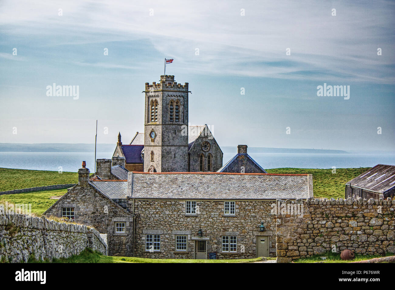 The village on Lundy Island showing the Marisco Tavern and St Helena's ...