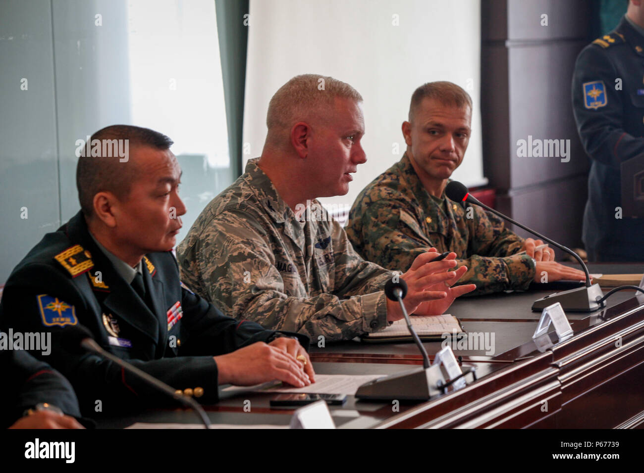Mongolian Armed Forces Brig. Gen. D.Ganzorig, left, U.S. Air Force Col ...