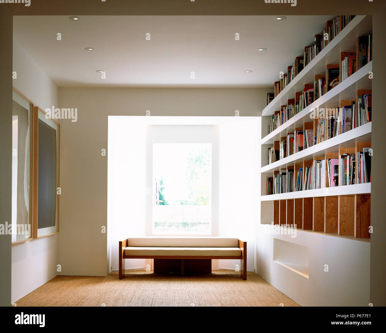 Seating and bookshelves in modern private library Stock Photo - Alamy