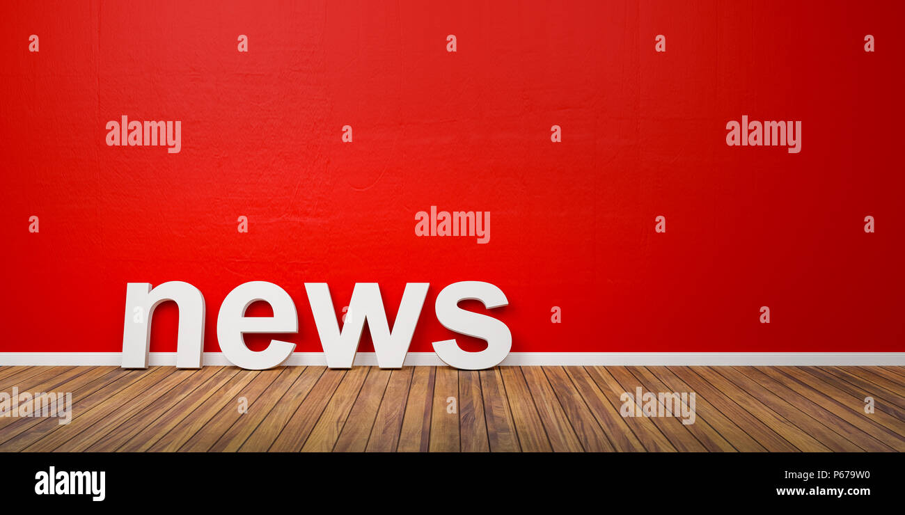 3D White News Text Shape on Brown Wooden Floor Against Blue Wall with ...