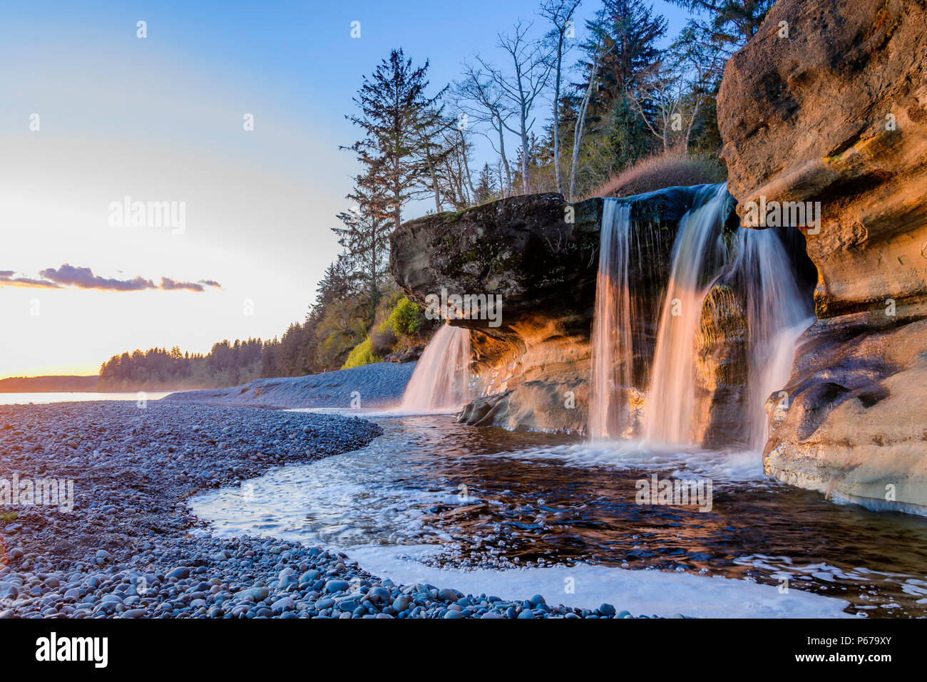 Sandcut Falls at sunset, Sandcut Beach, Vancouver Island, British ...