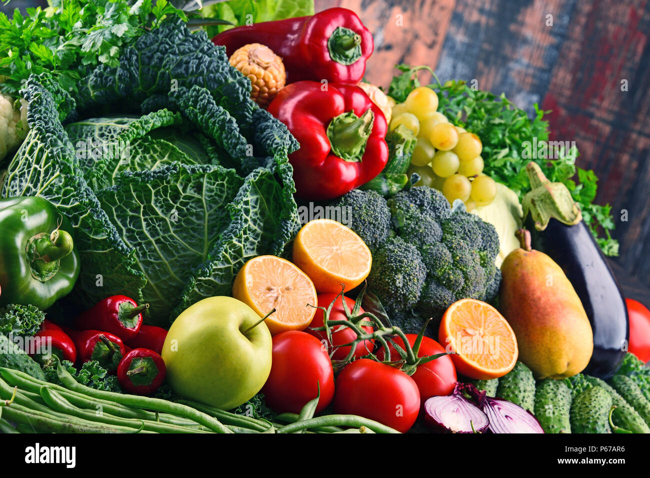 Composition with variety of raw organic vegetables and fruits. Balanced ...