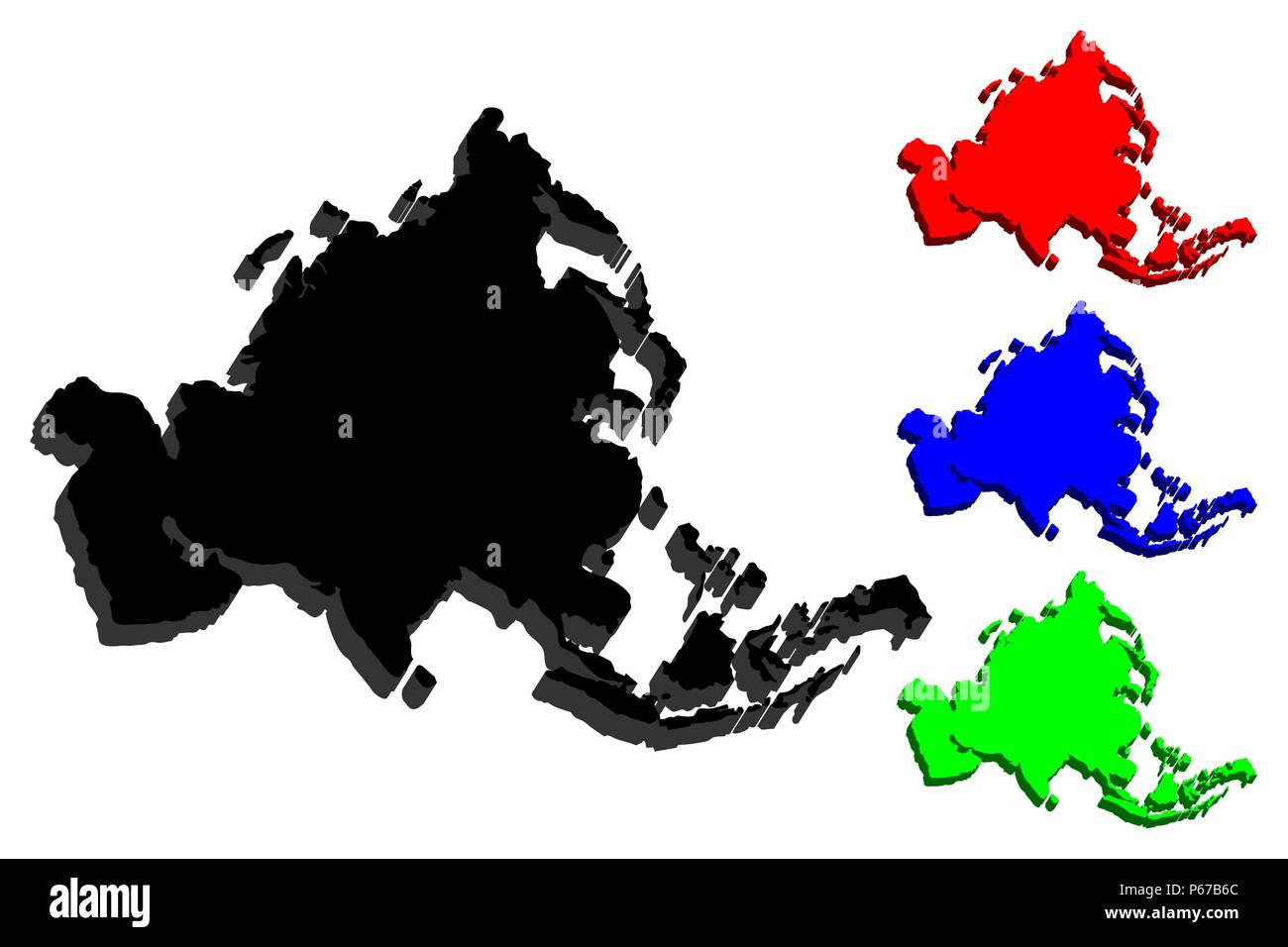 3D map of Asia continent - black, red, blue and green - vector ...