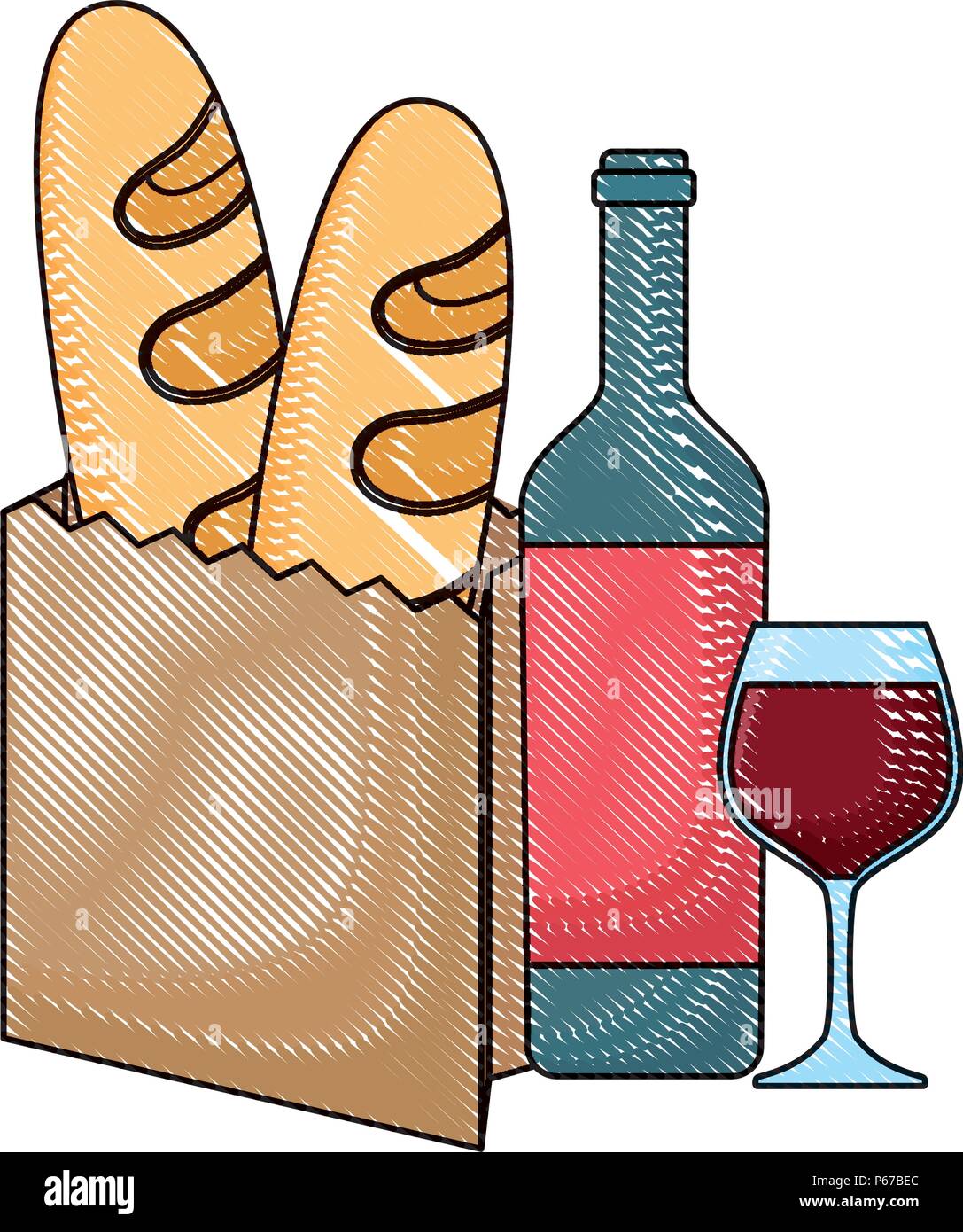 wine bottle and baguette breads over white background, vector ...