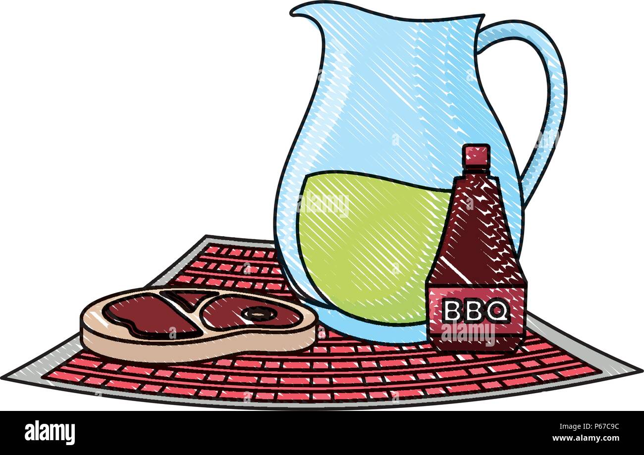 Picnic food design with lemonade pitcher and steak meat over white ...