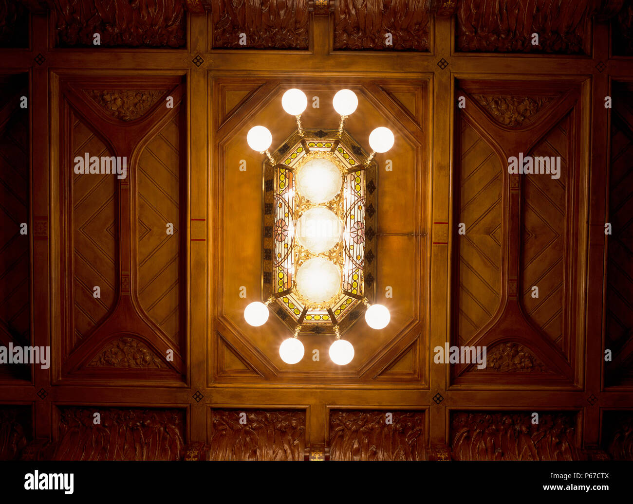 View of an illuminated wooden ceiling Stock Photo - Alamy