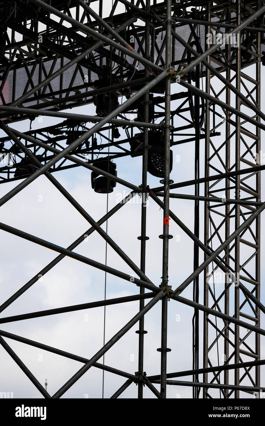Background of metal construction of a portable concert stage with ...