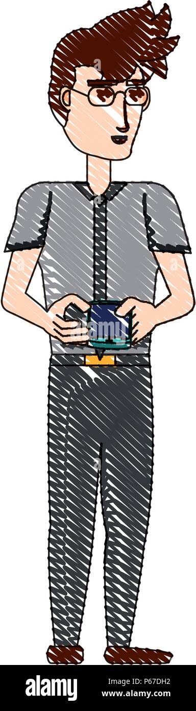 cartoon young man using a cellphone over white background, vector ...