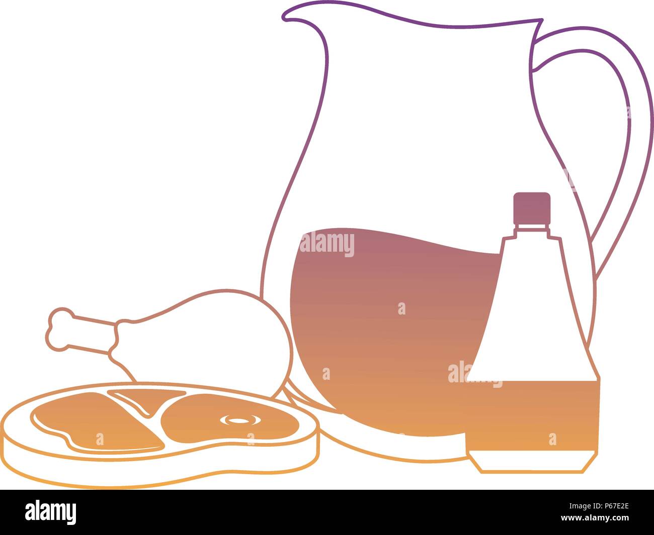 Picnic food design with lemonade pitcher and steak meat over white ...