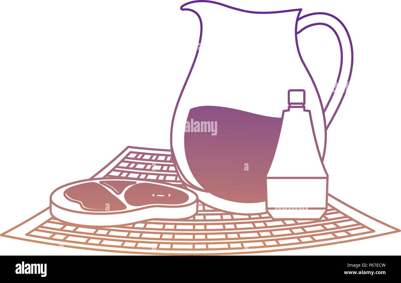 Picnic food design with lemonade pitcher and steak meat over white ...