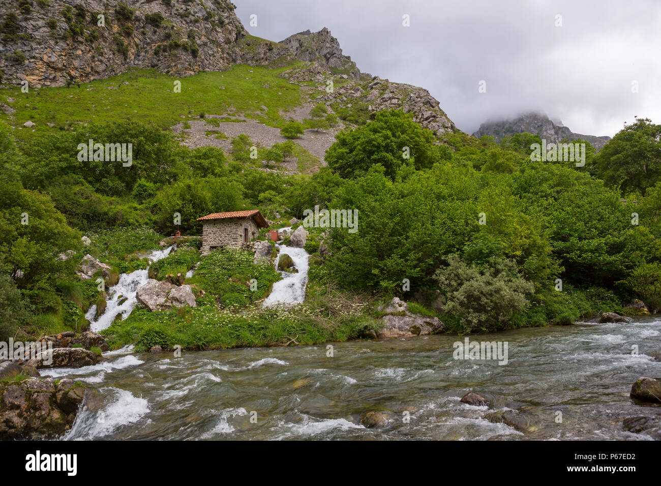 Waterfall in the Cares River located in the Picos de Europa National ...