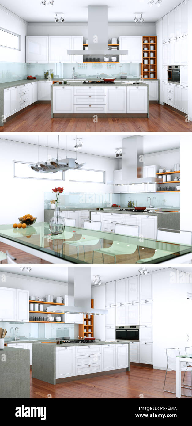Three views of a modern kitchen with a beautiful design Stock Photo - Alamy
