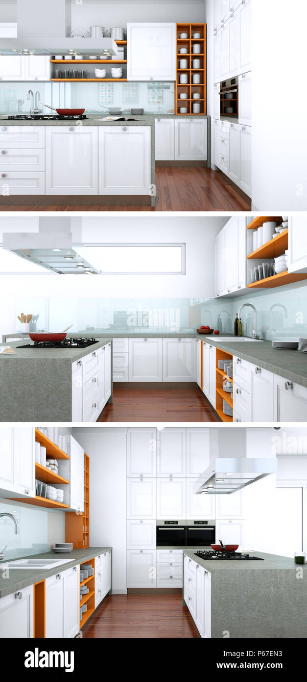 Three views of a modern kitchen with a beautiful design Stock Photo - Alamy