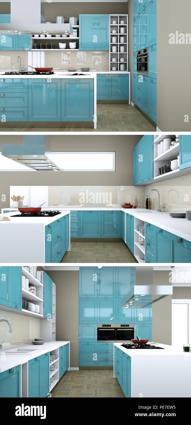 Three views of a modern kitchen with a beautiful design Stock Photo - Alamy