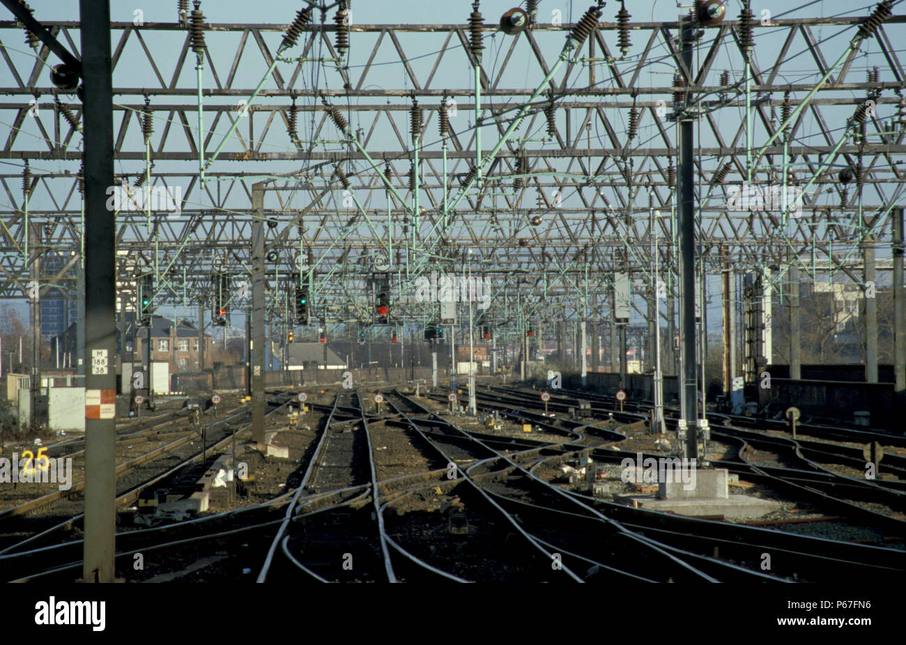 Electrification catenary and complex track layout at Stockport on West ...