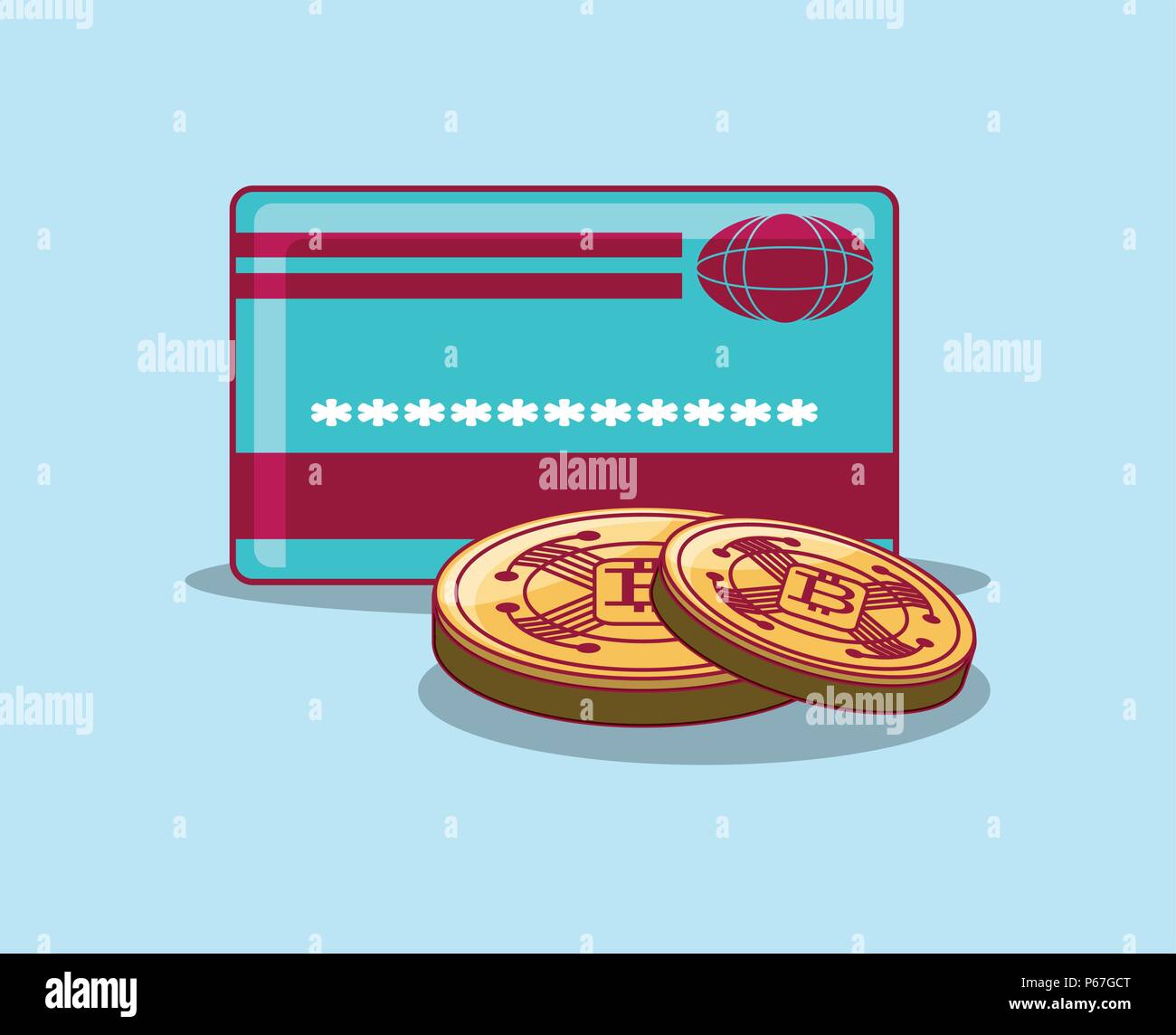 bitcoins and credit card over blue background, colorful design. vector ...