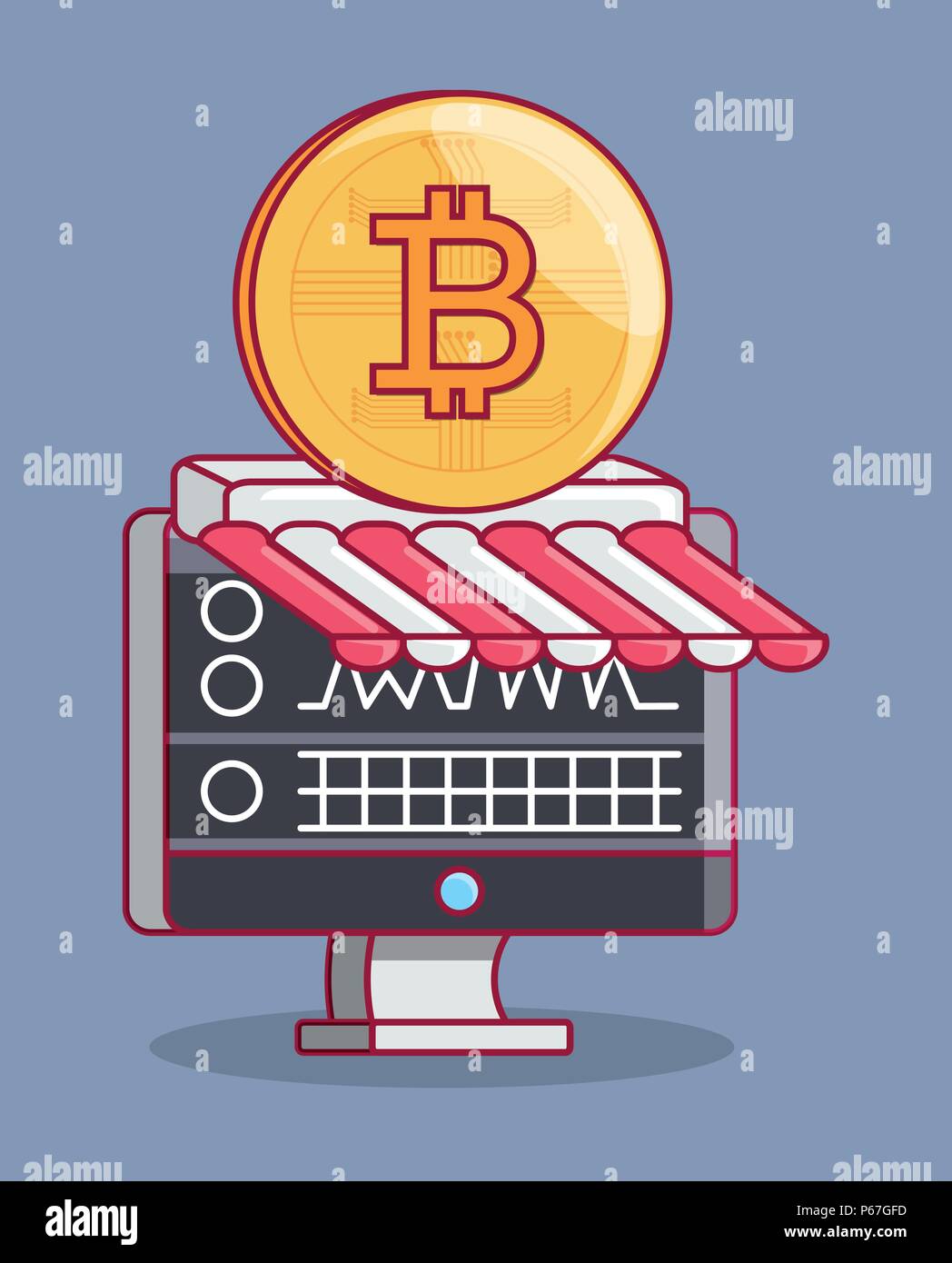 computer with store tent and bitcoin coin over gray background ...