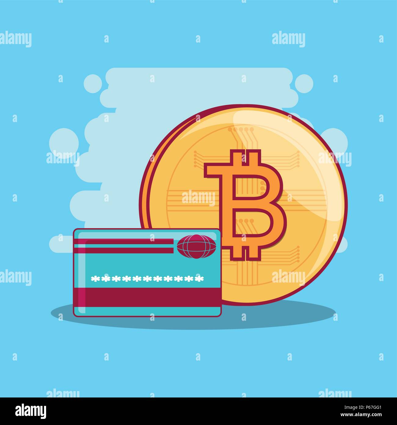 bitcoin coin and credit card over blue background, colorful design ...