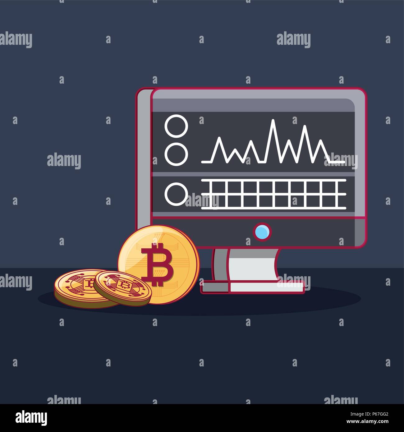 computer with stock market on screen and bitcoin coins over black ...