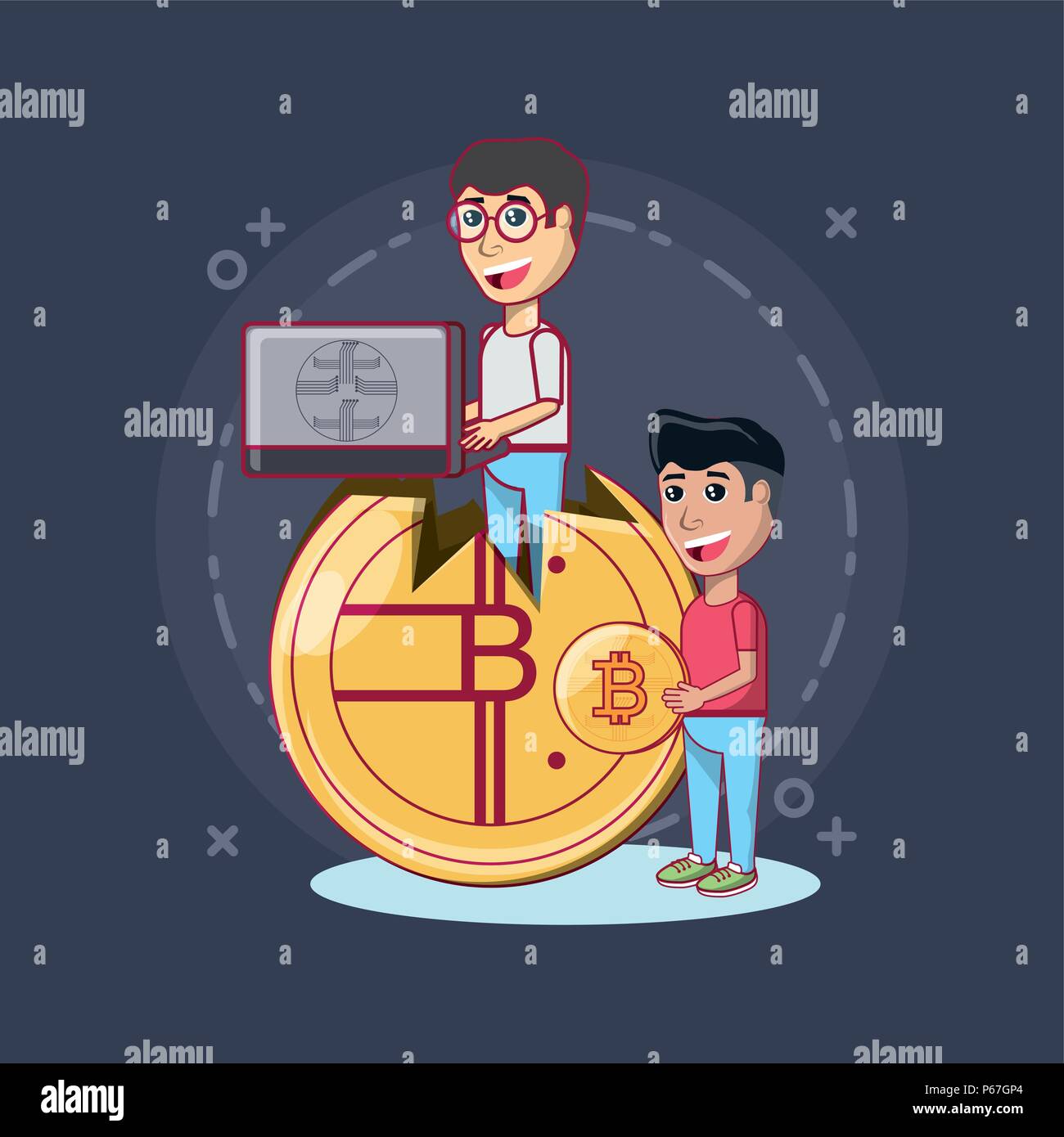 cartoon man with a laptop sitting on a bitcoin coin and other man ...