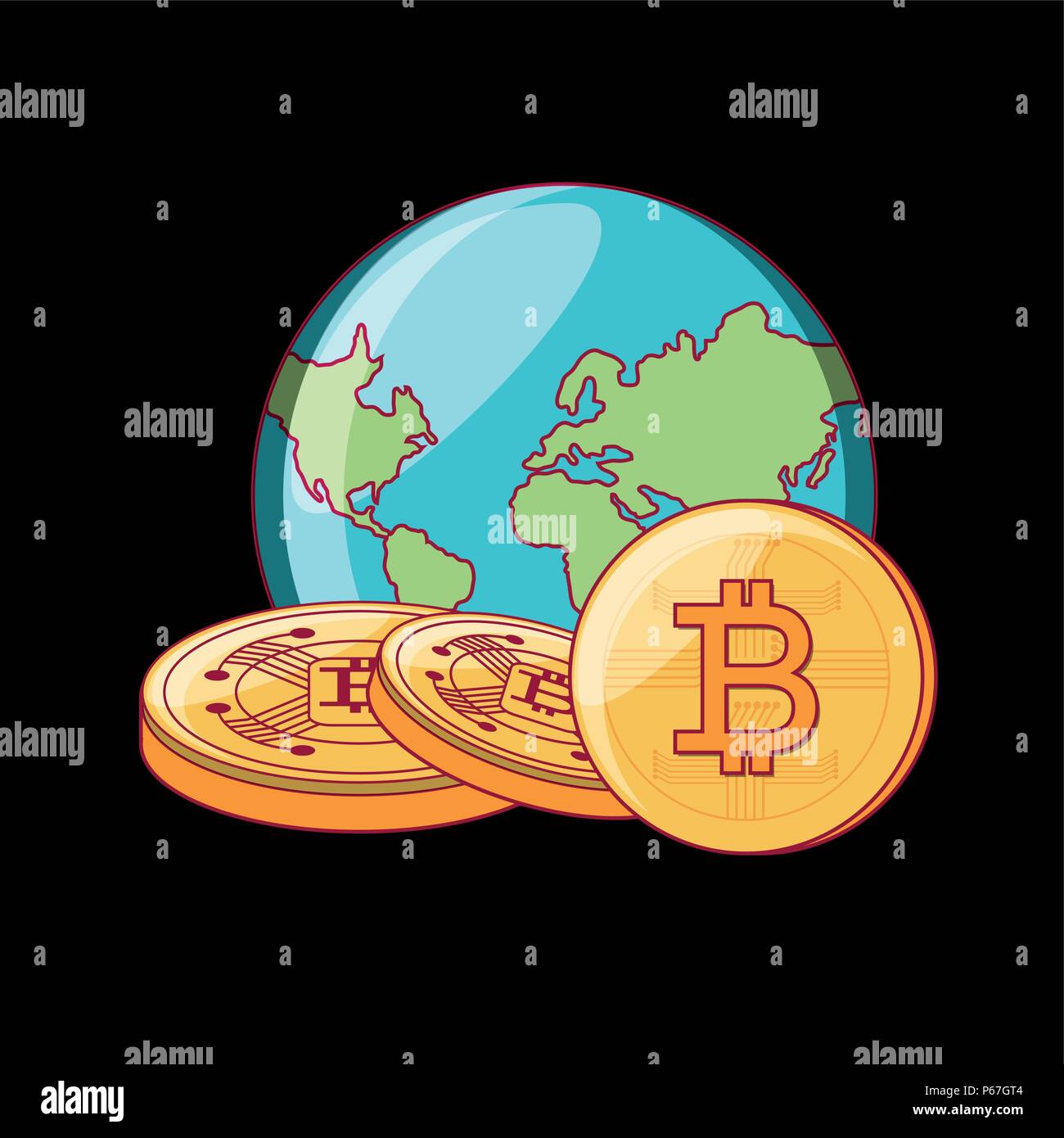 earth planet and bitcoin coins over black background, colorful design ...