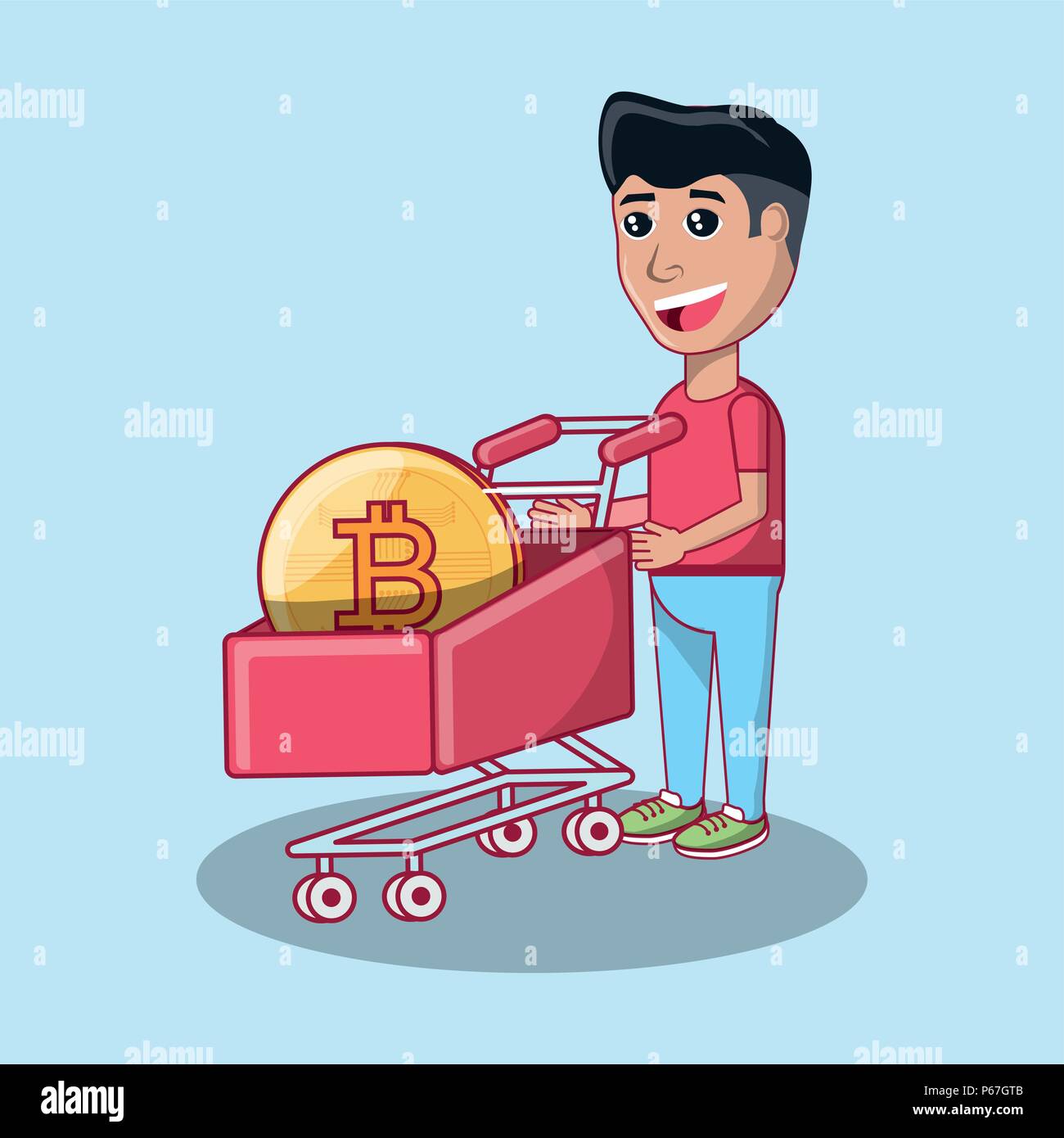 cartoon man with shopping cart with bitcoin coin over blue background ...