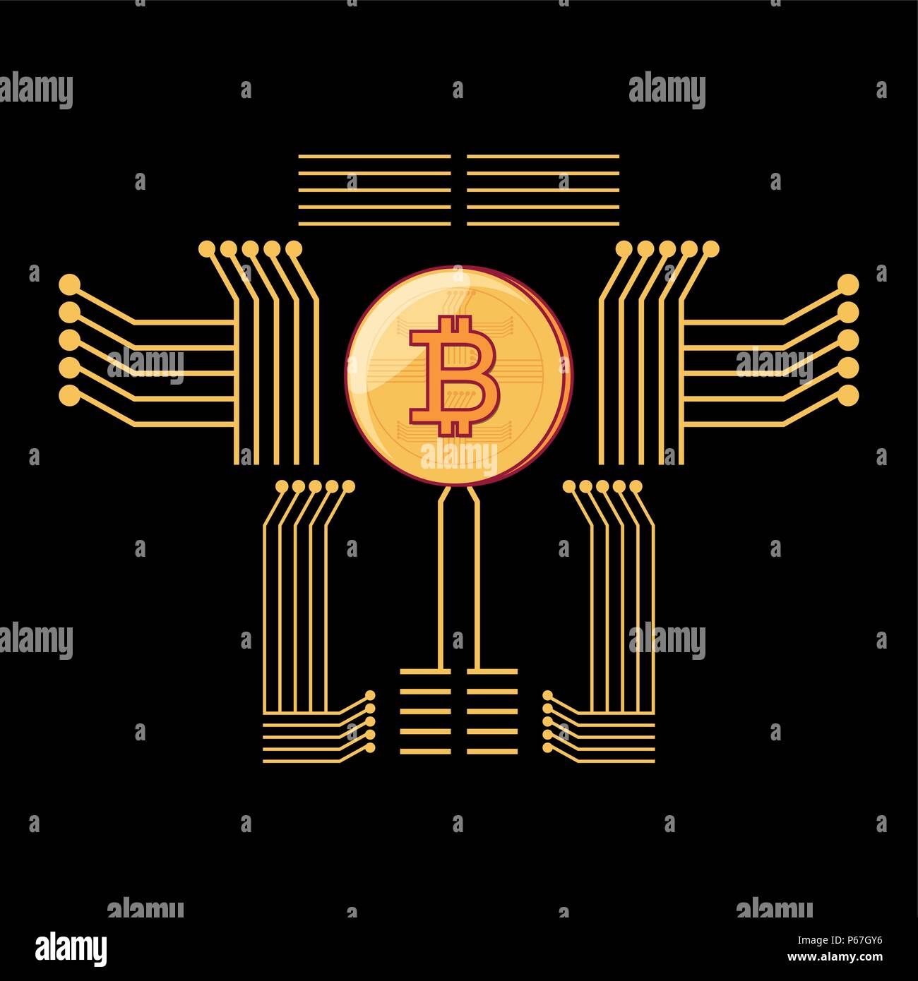 bitcoin coin with circuit board over black background, colorful design ...