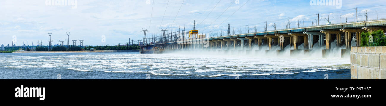 Hydroelectric power station. Water dumping. Volgograd, Volga river ...
