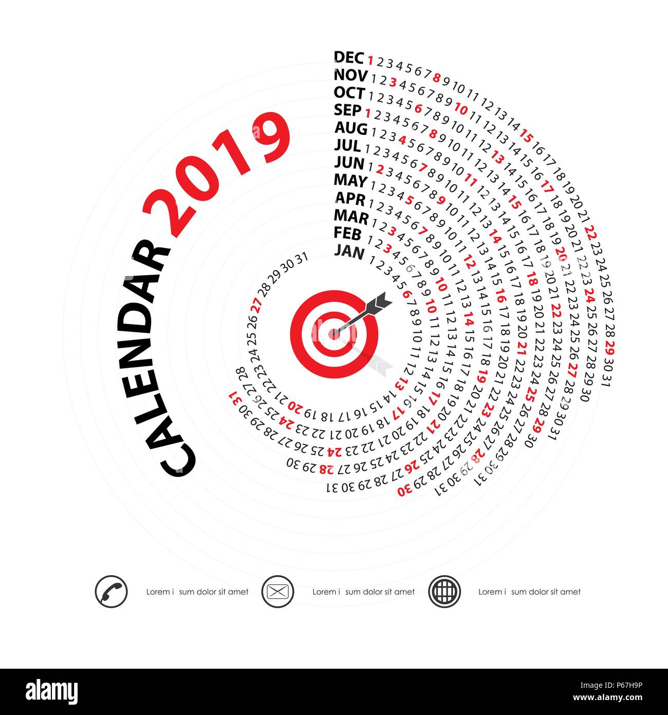 2019 Calendar Template.Spiral calendar.Calendar 2019 Set of 12 Months ...