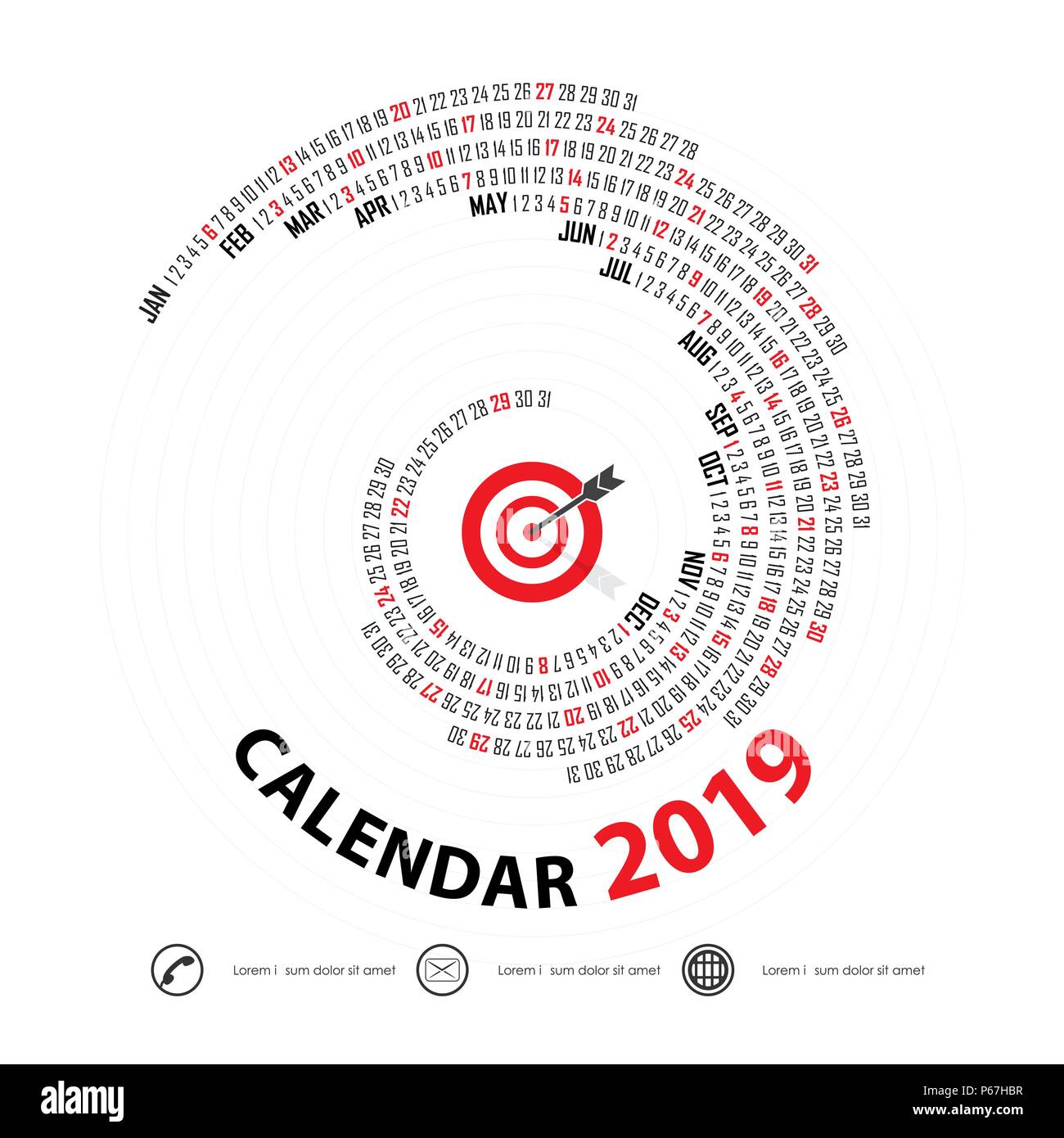 2019 Calendar Template.Spiral calendar.Calendar 2019 Set of 12 Months ...