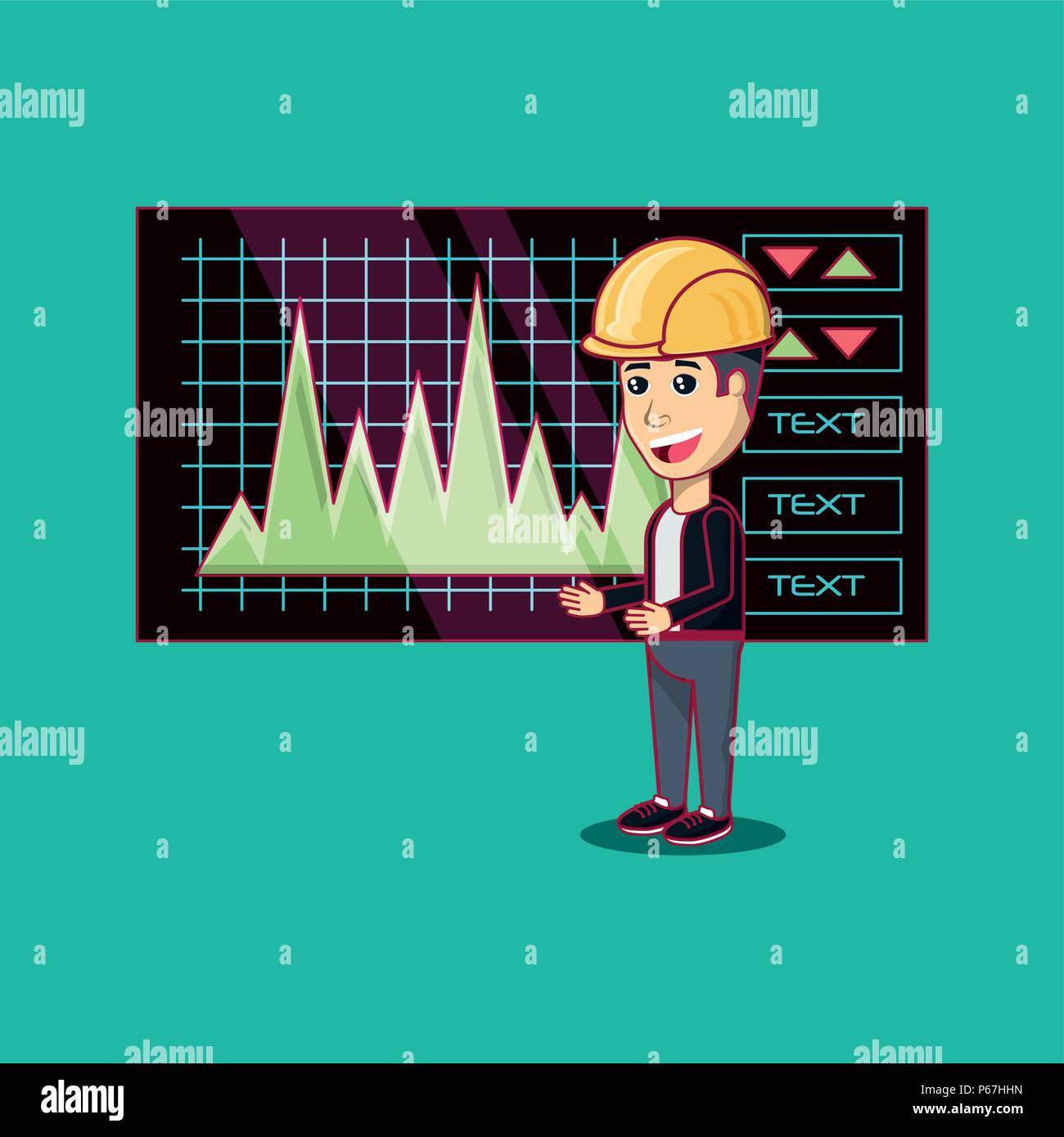 cartoon man with cryptocurrency stock market over turquoise background ...