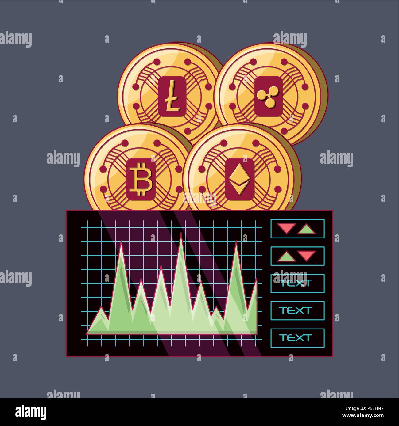 cryptocoins and cryptocurrency stock market over gray background ...