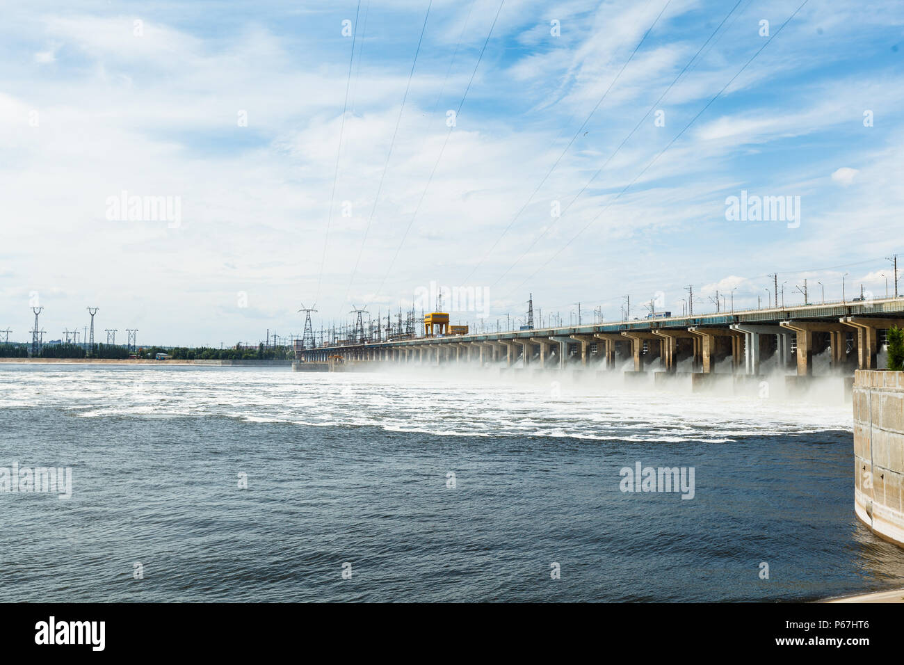 Hydroelectric power station. Water dumping. Volgograd, Volga river ...