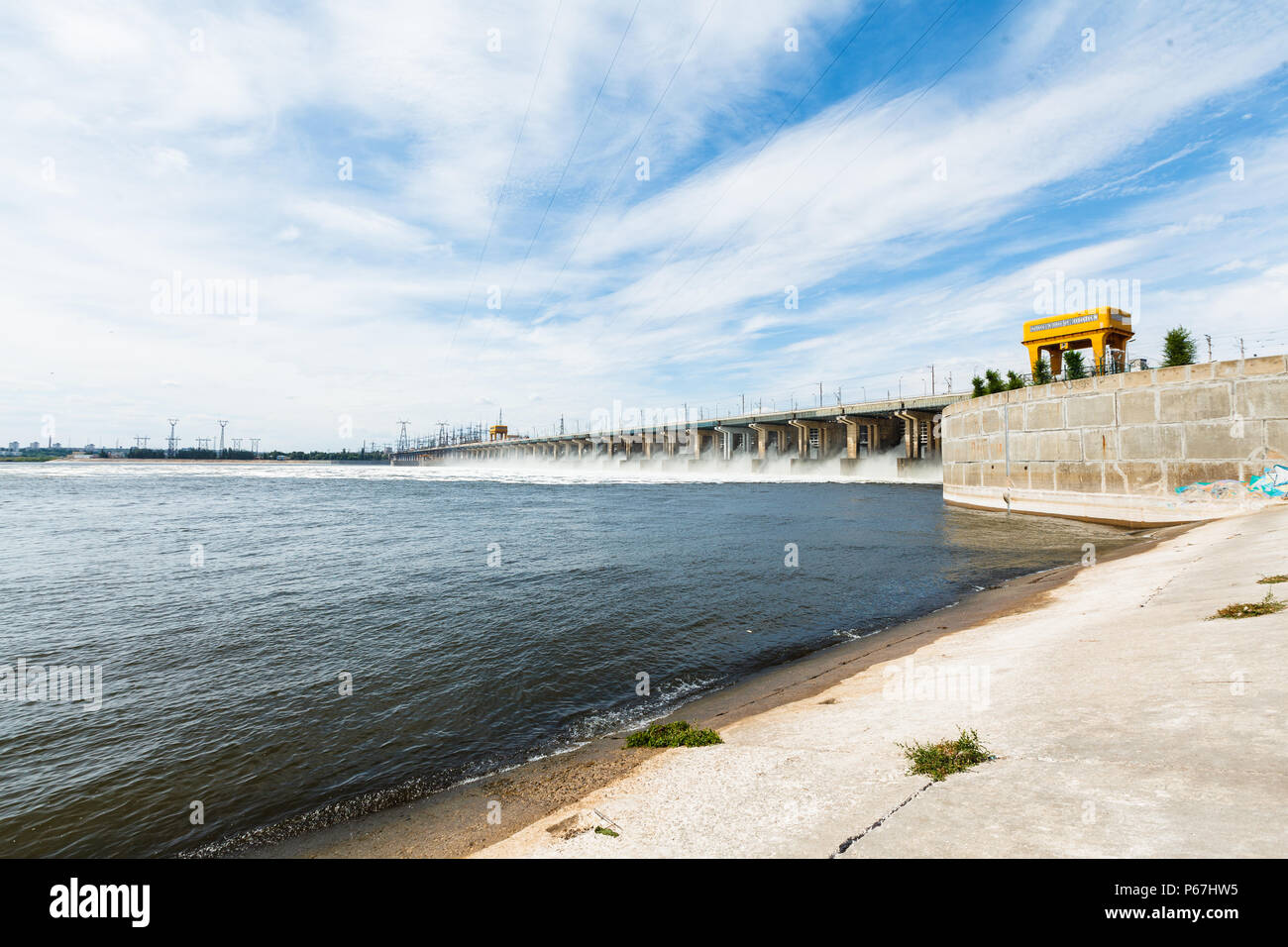 Hydroelectric power station. Water dumping. Volgograd, Volga river ...