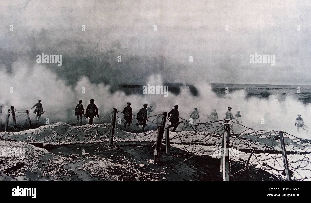British soldiers advance in battle from their trenches against a wall ...