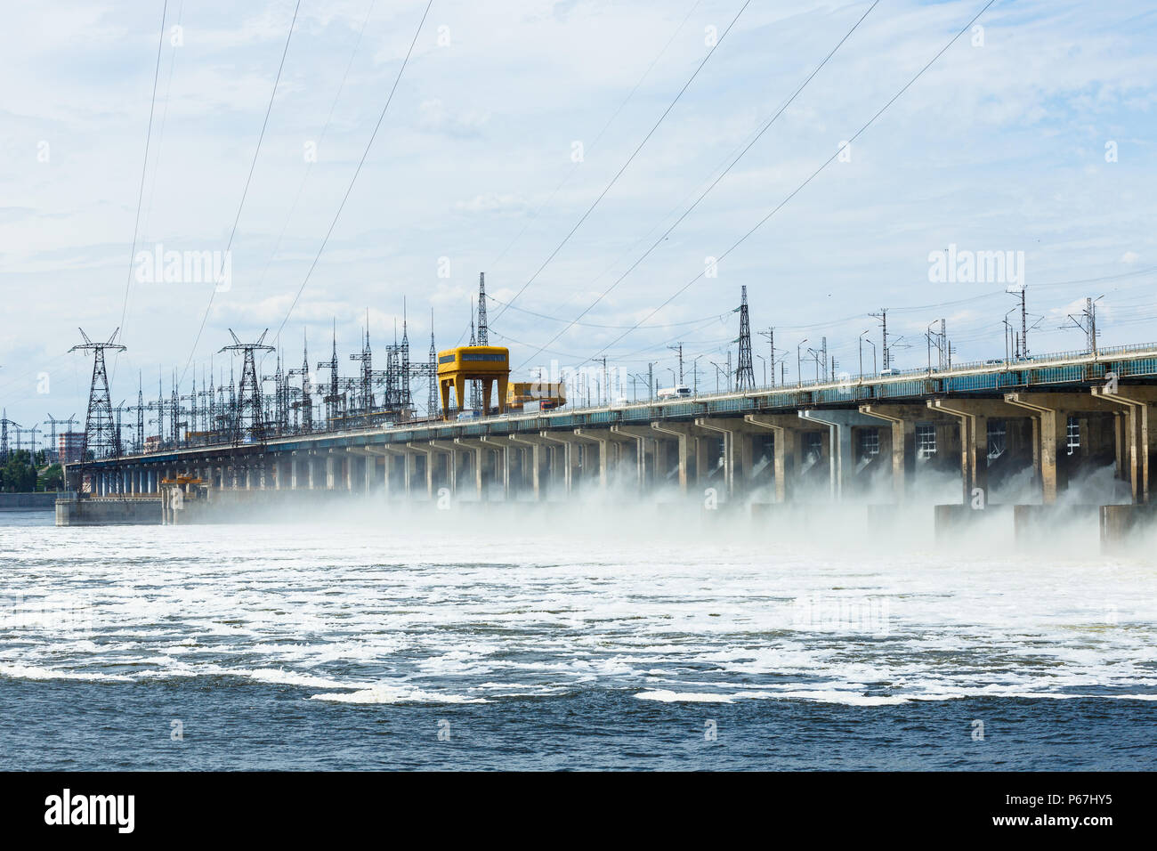 Hydroelectric power station. Water dumping. Volgograd, Volga river ...