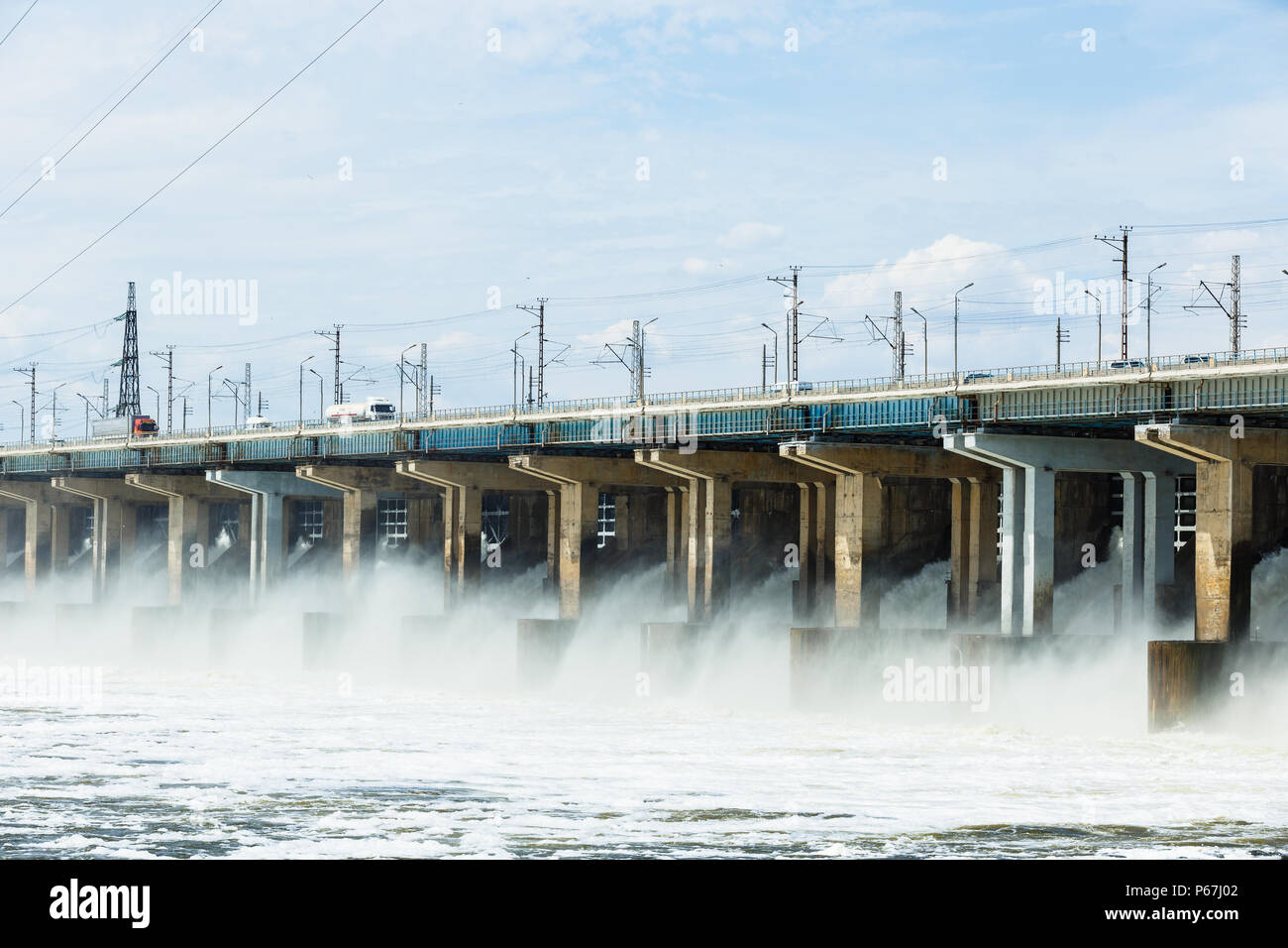 Hydroelectric power station. Water dumping. Volgograd, Volga river ...
