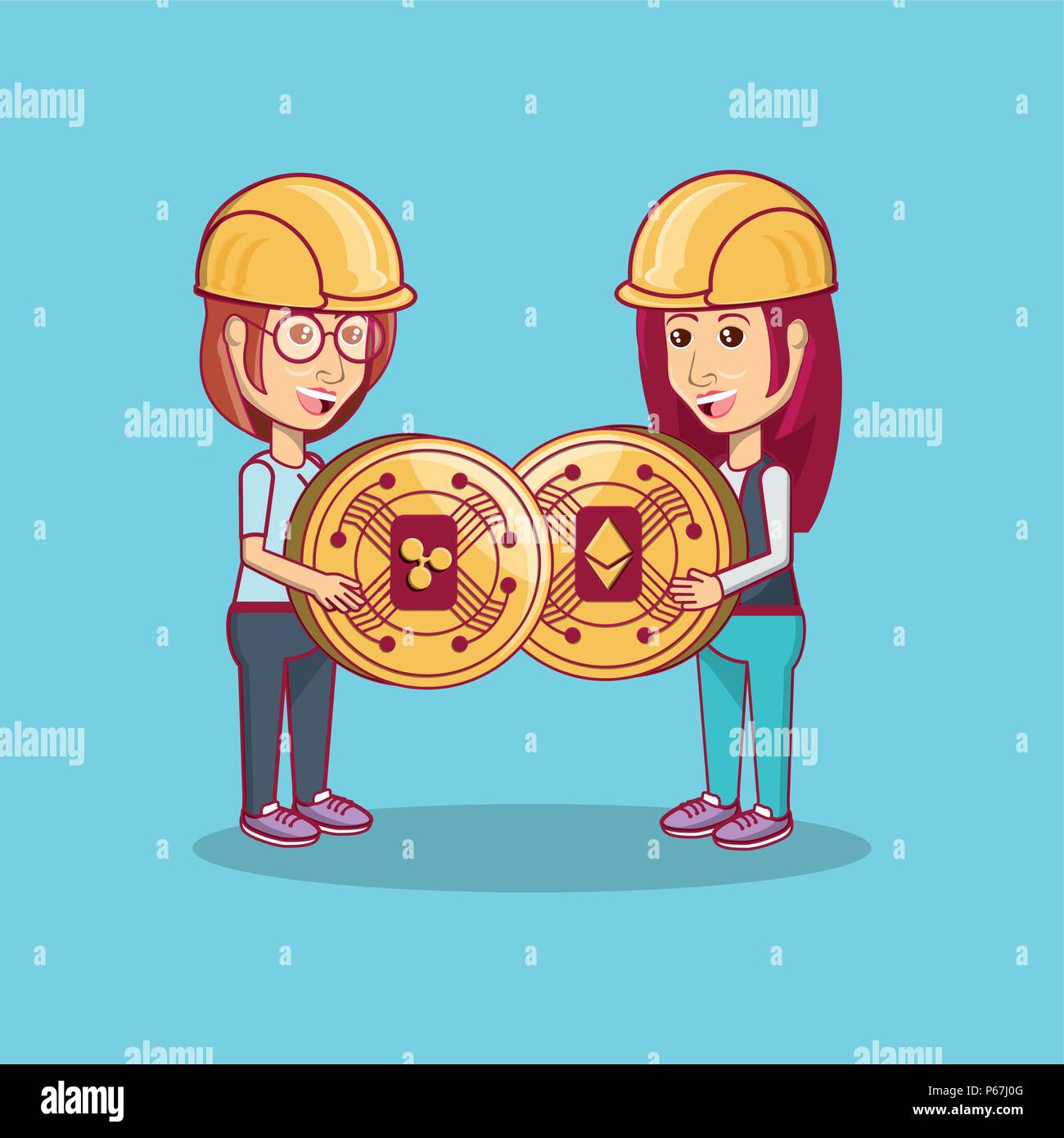cartoon women with cryptocurrency coins over blue background, colorful ...