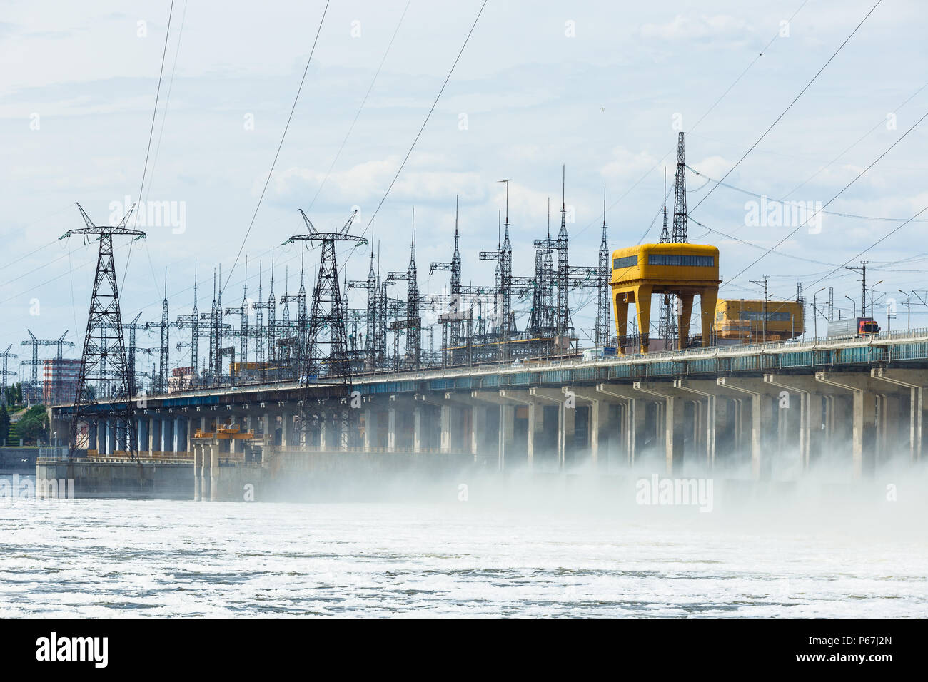 Hydroelectric power station. Water dumping. Volgograd, Volga river ...