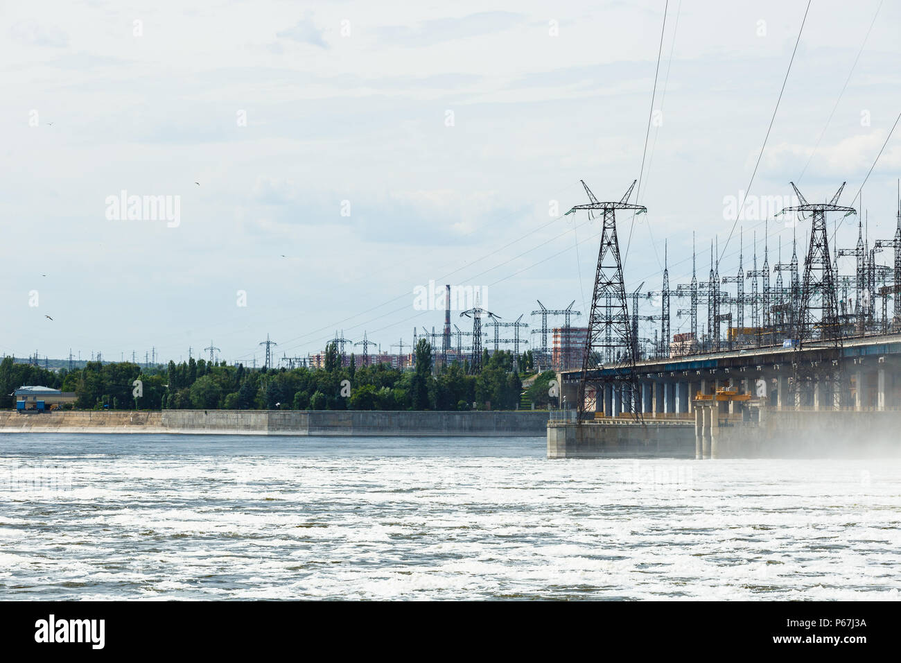 Hydroelectric power station. Water dumping. Volgograd, Volga river ...