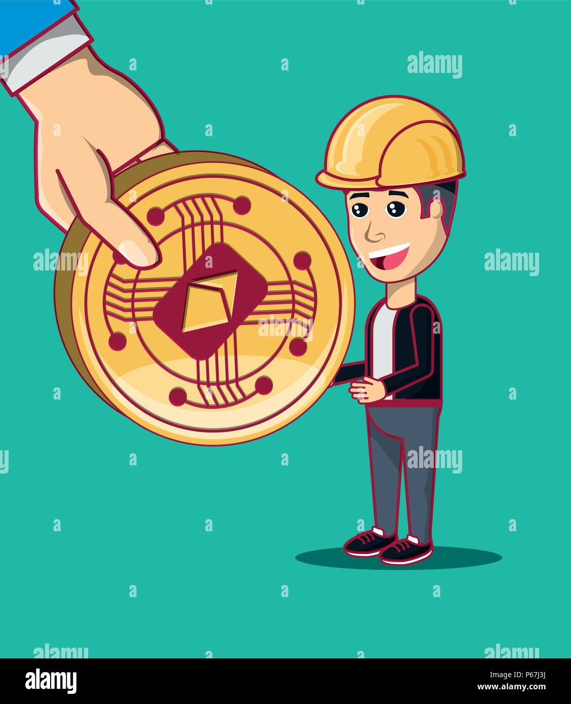 hand holding a ethereum coin and cartoon man standing over turquoise ...