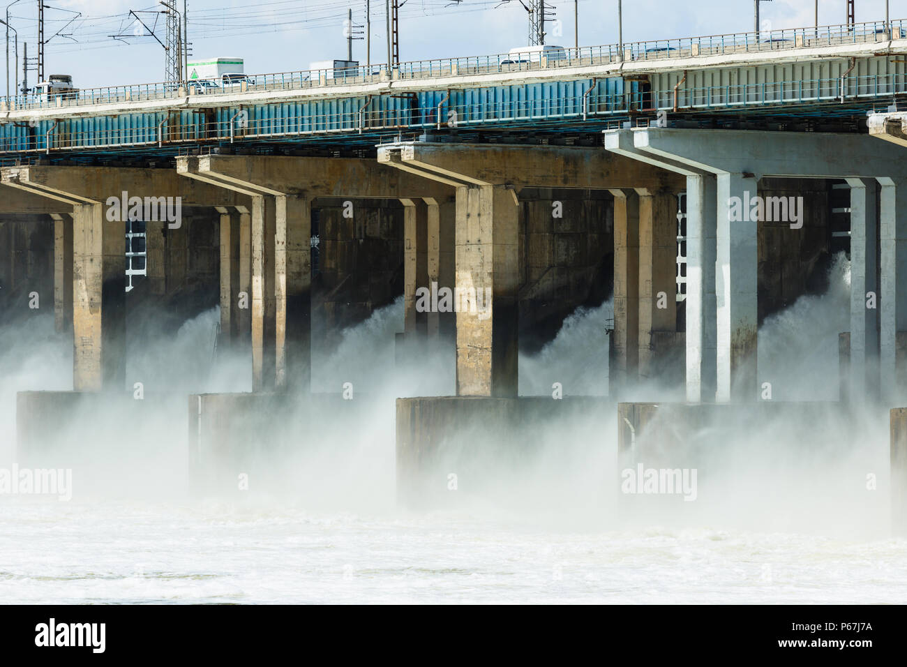 Hydroelectric power station. Water dumping. Volgograd, Volga river ...