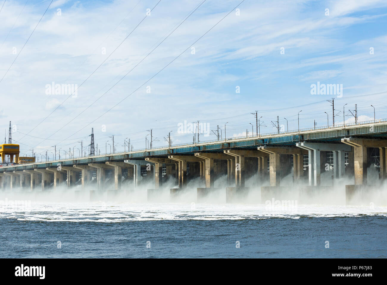 Hydroelectric power station. Water dumping. Volgograd, Volga river ...