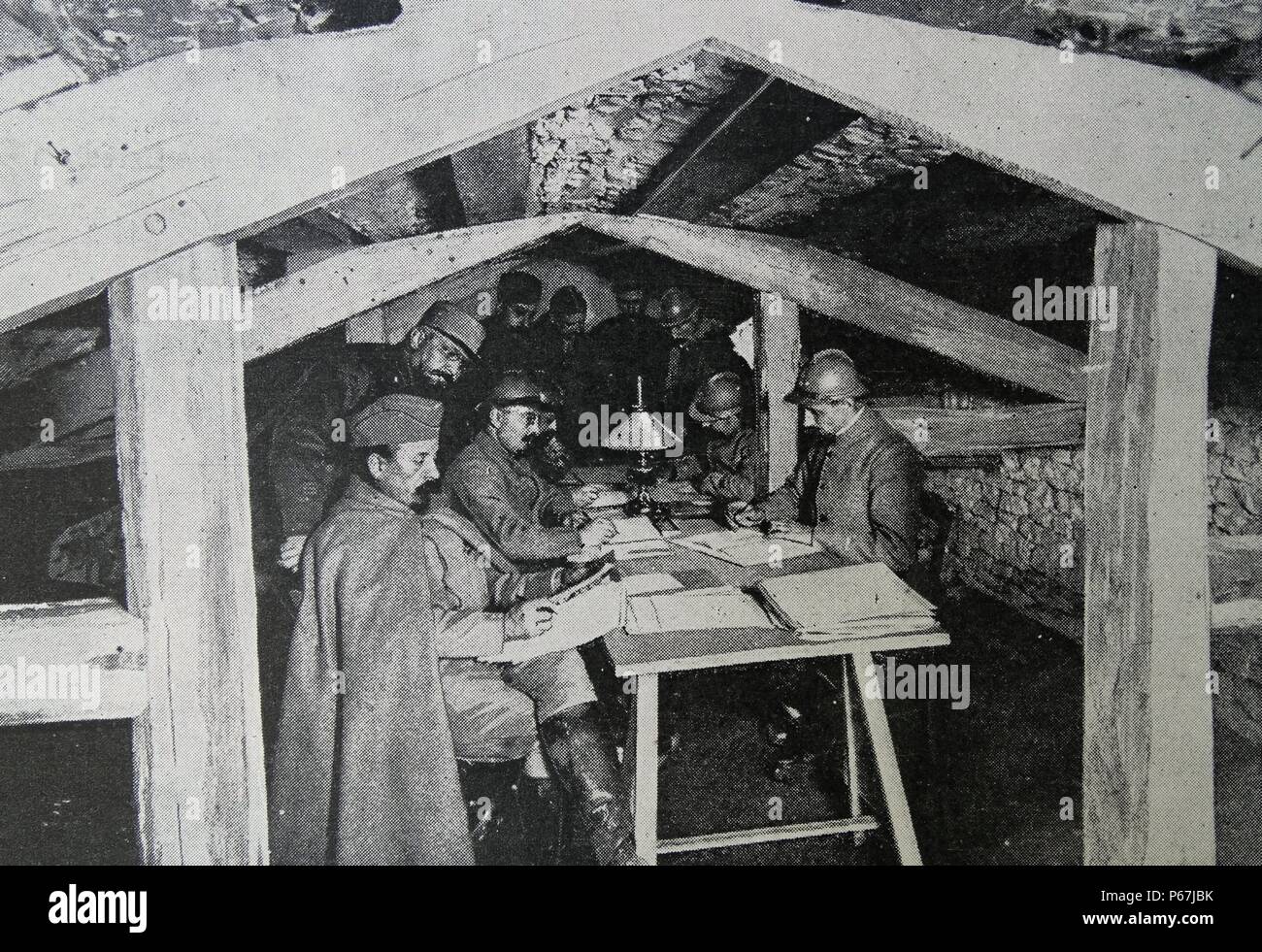 French officers in an underground HQ on the western front; during world ...