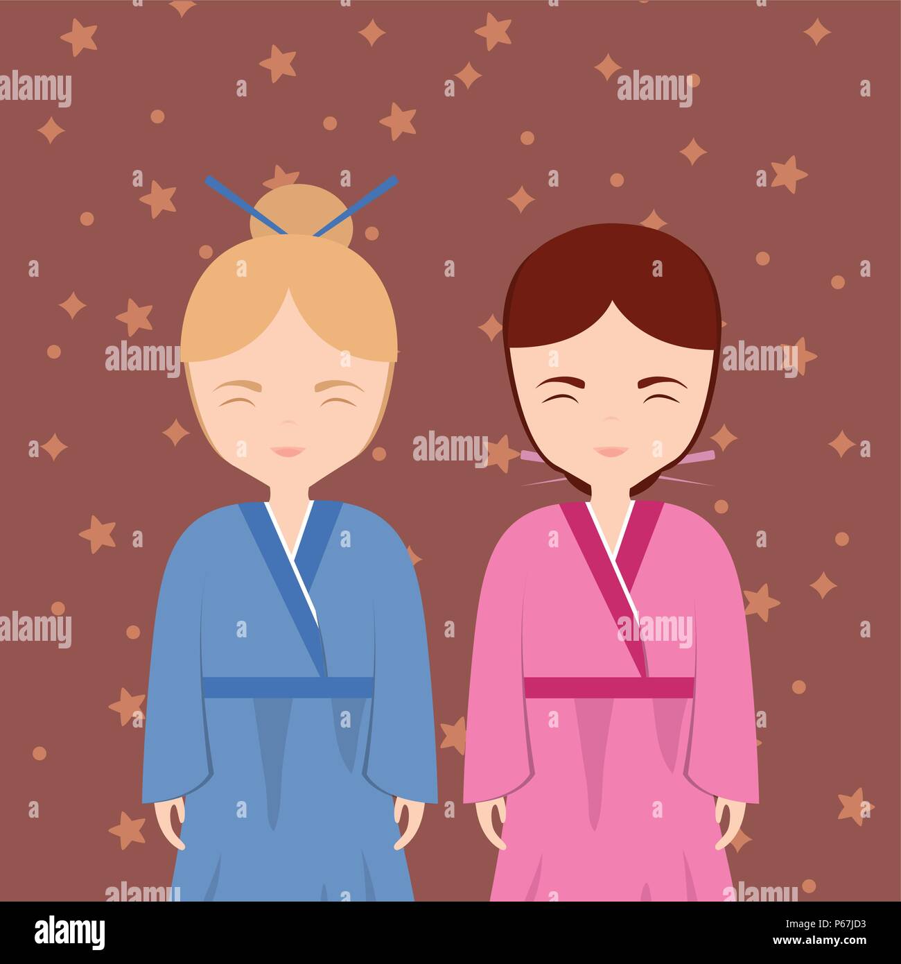 Asian Girl Wearing A Kimono Over Brown Background With Stars Colorful